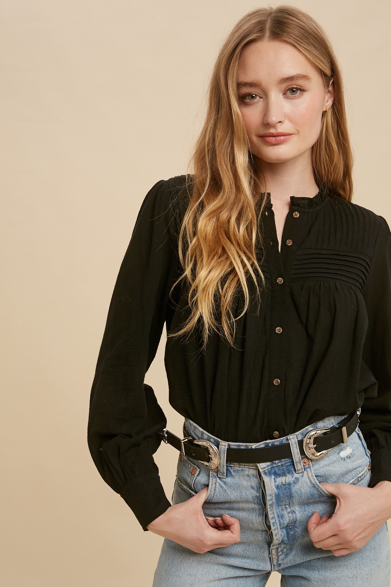 Black Pintuck Mock Neck Blouse – Hazelkin